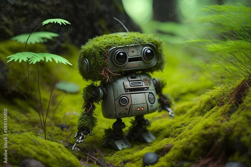 cute robot in a forest, little robot in a forest, green robot in nature ...