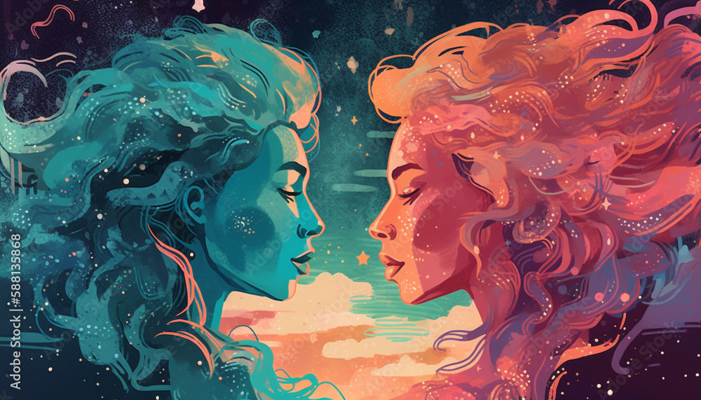 Gemini Zodiac Sign in Vibrant Pastel Colors on Starry Night Sky ...