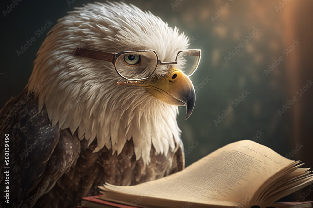 Wise old eagle bird with glasses reading from a book. Knowledge wisdom ...