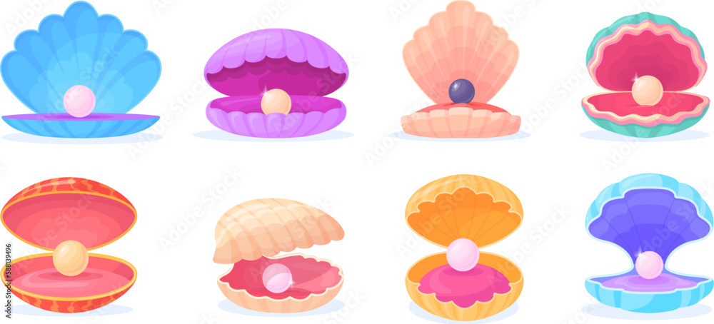 Cartoon pearl shells. Underwater pearls in shell, open scallop with ...