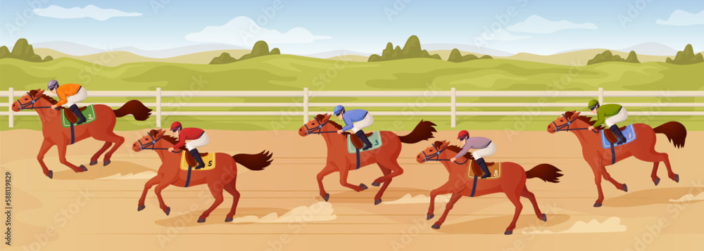 Hippodrome competitions. Cartoon horse racing panorama, equestrian ...