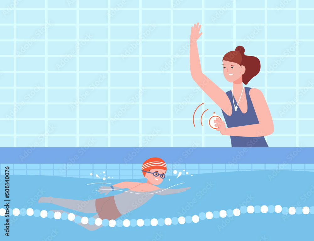 Swimming coach. Professional swim instructor with stopwatch poolside ...