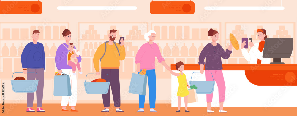 Line at counter supermarket. Customers lined-up queue cashier checkout ...