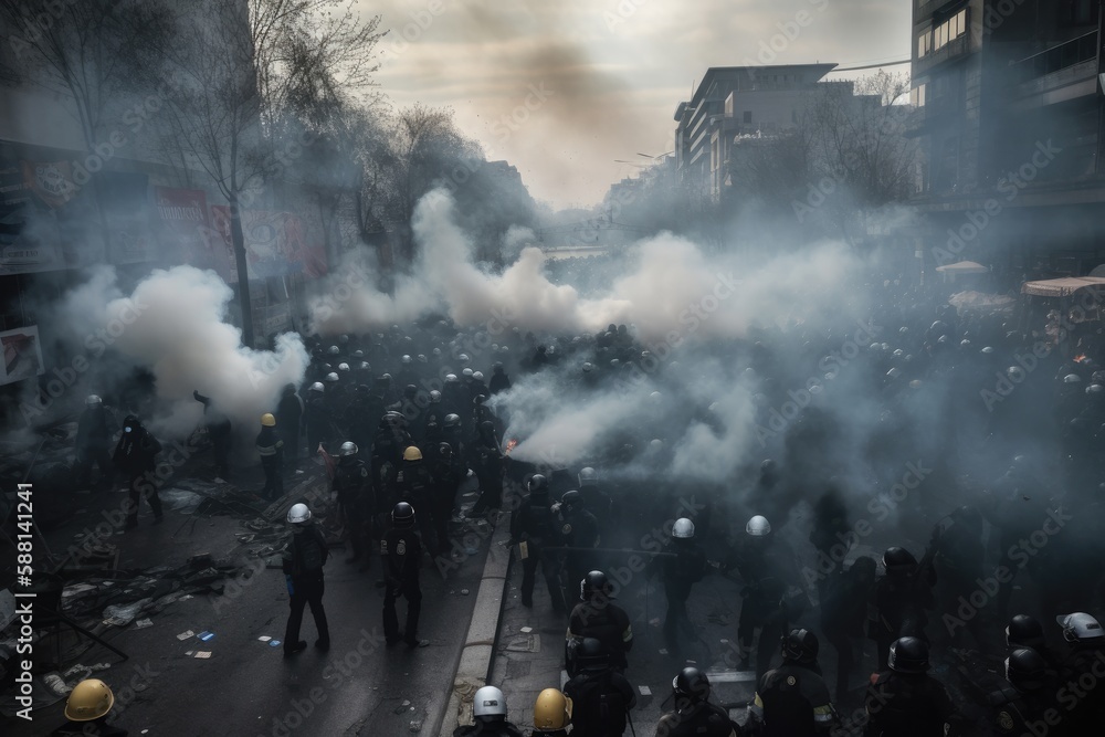 Officers are dressed in riot gear and are using shields and batons to ...
