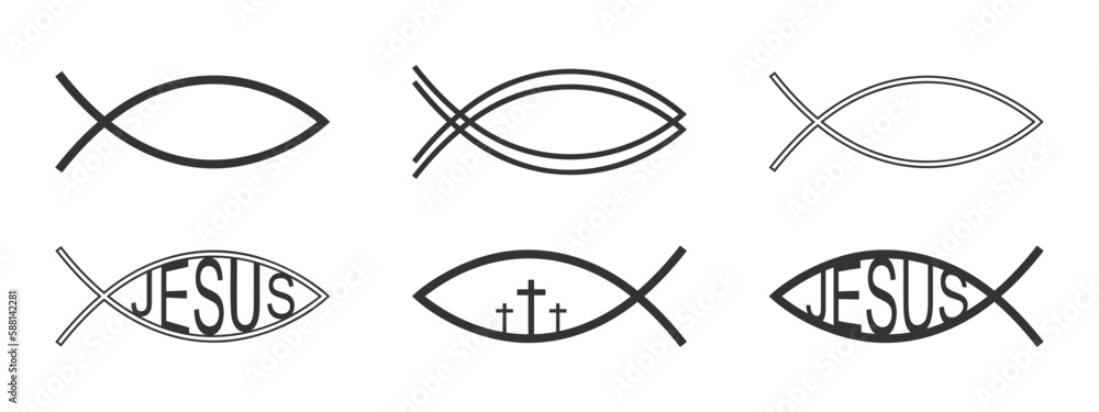 Set of Ichthys icons. Jesus fish signs. Christian religion symbols ...