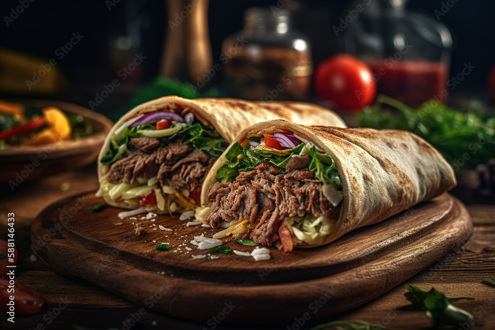 Doner kebab rolls , a shawarma in a pit of fresh vegetables and meat ...