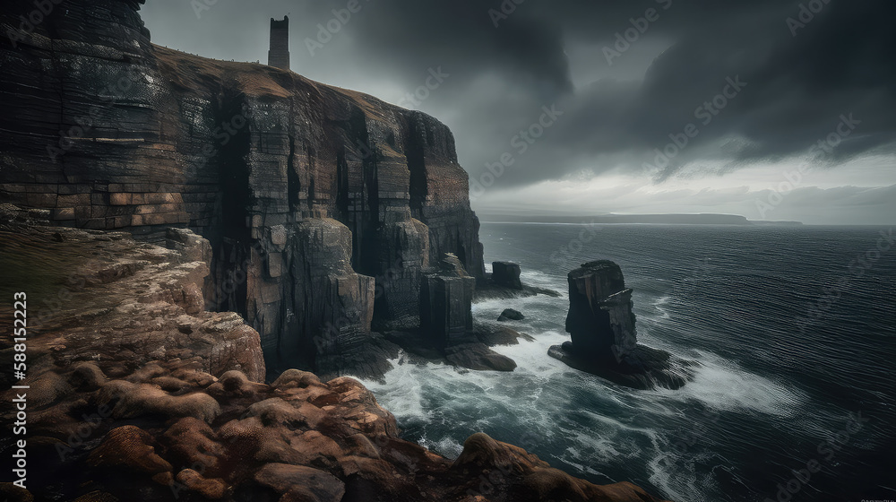 Stormy cliffs with dramatic towering rocks and a moody sky Stock ...
