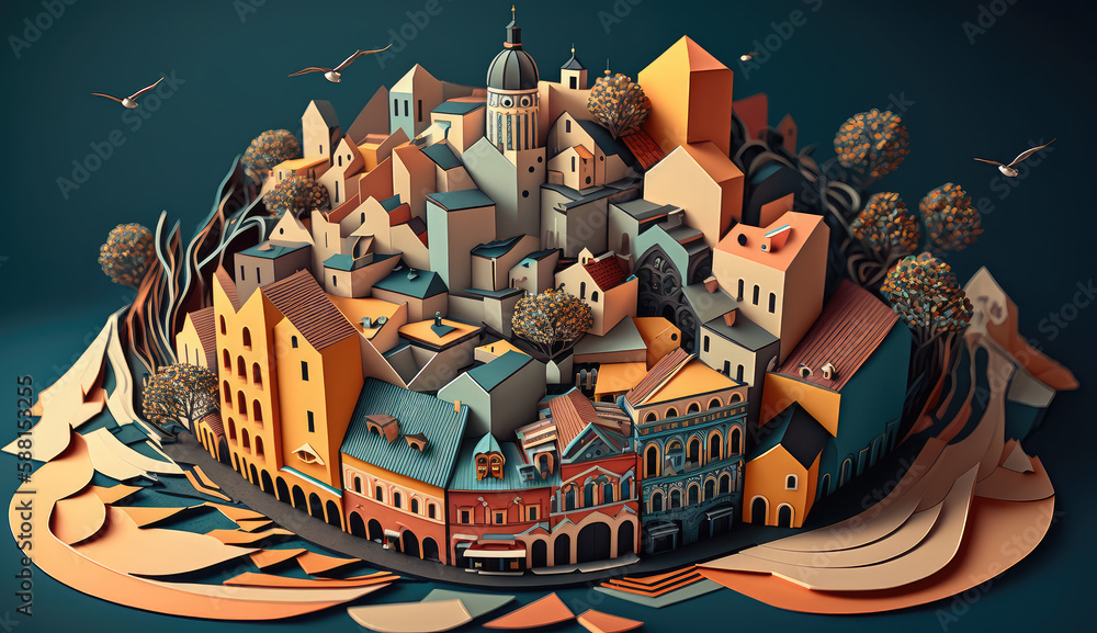 Scale model (maquette) of non-existent city buildings and landmarks ...