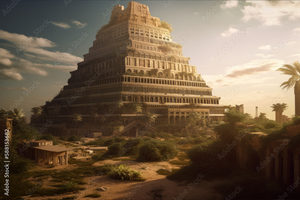Ancient city of Babylon with the tower of Babel, bible and religion. AI ...