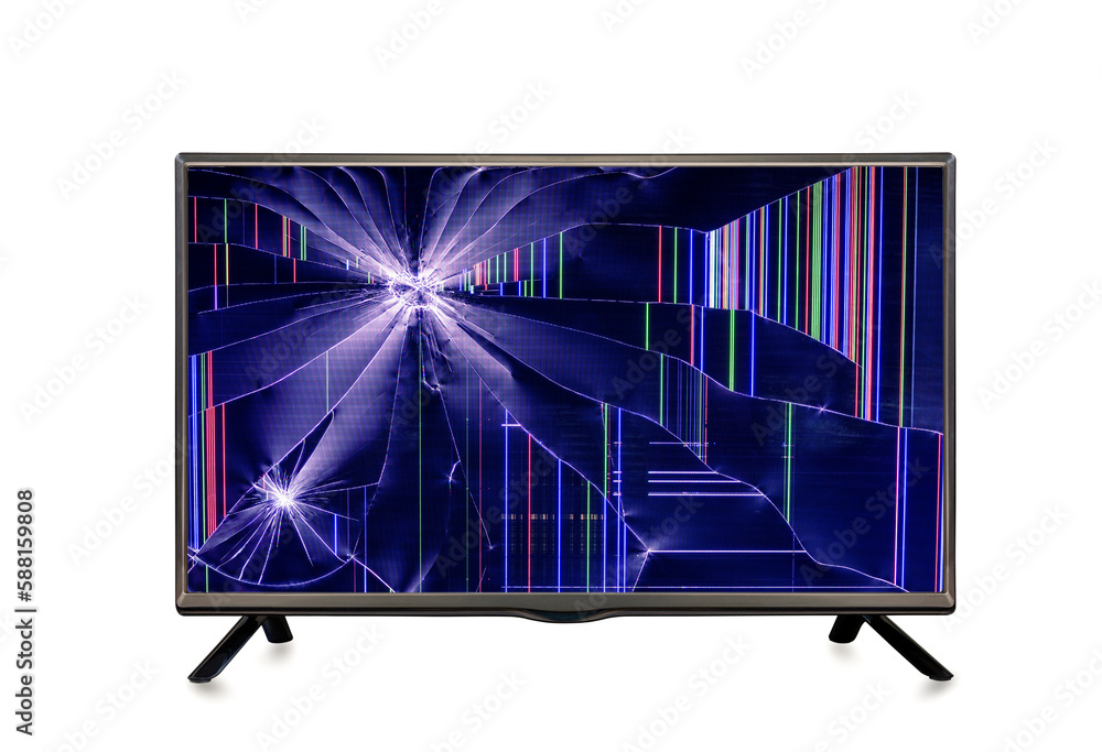 Television LCD with broken screen glass isolated on white background ...