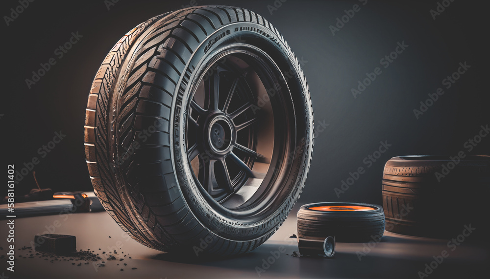 tire at repairing service garage background. Replacing winter and ...