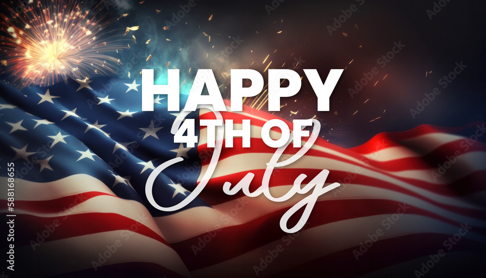 Happy 4th of july background with message, american flag and fireworks ...
