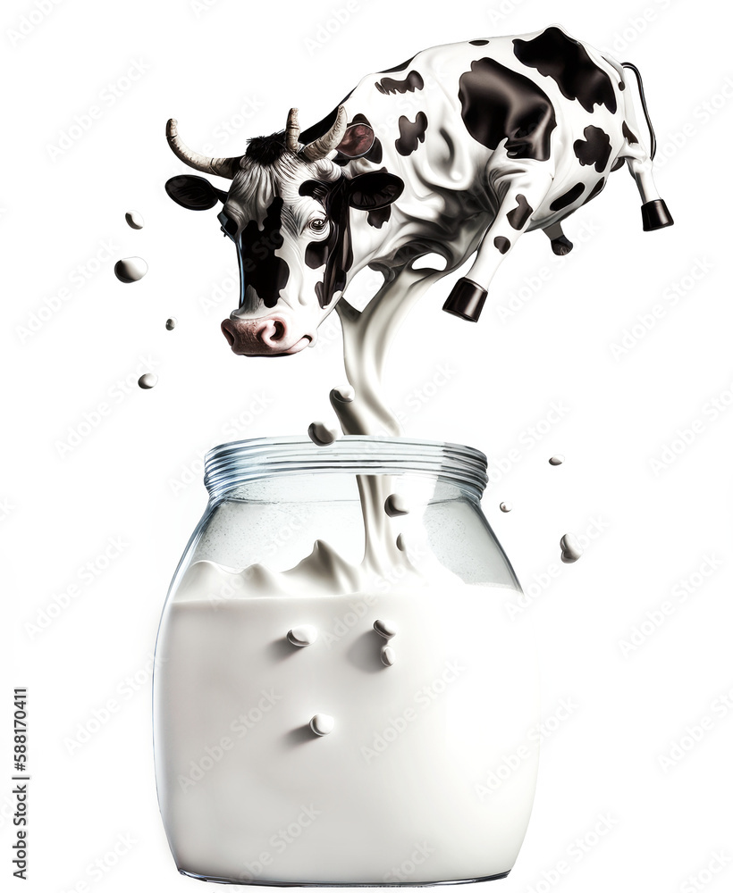 A black and white cow jumping into a jar filled with milk. Concept for ...