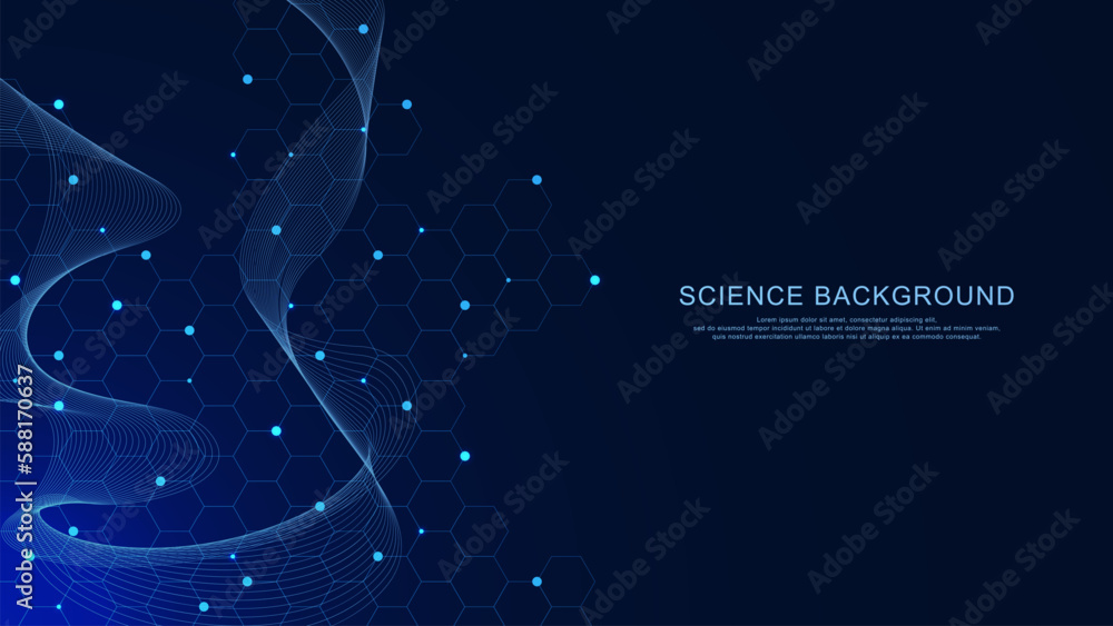 Structure molecule with wave flow for science, DNA, atom, neurons ...