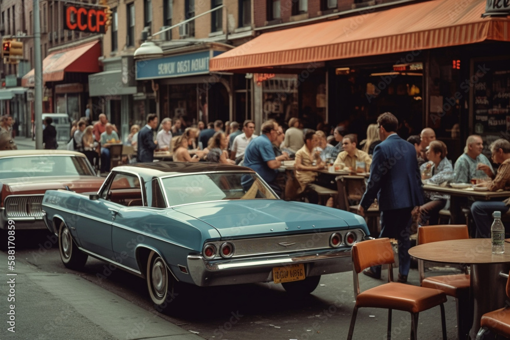 1970's New York City street cafe, captured in a timeless, cinematic ...