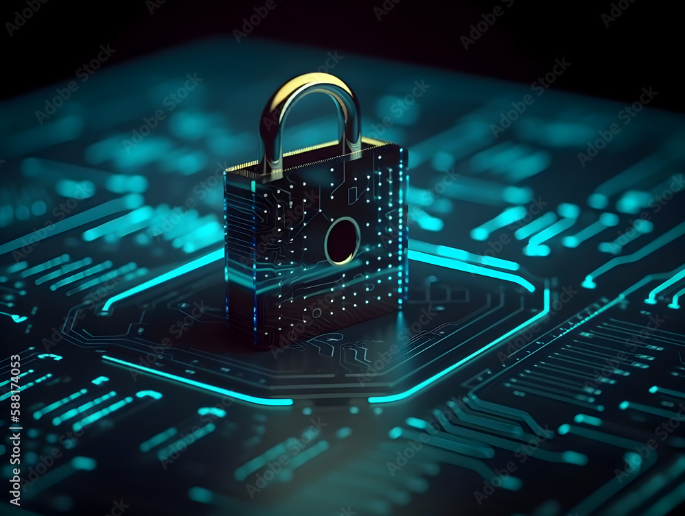 Lock in centre of circuit pattern. Concept of data security ...