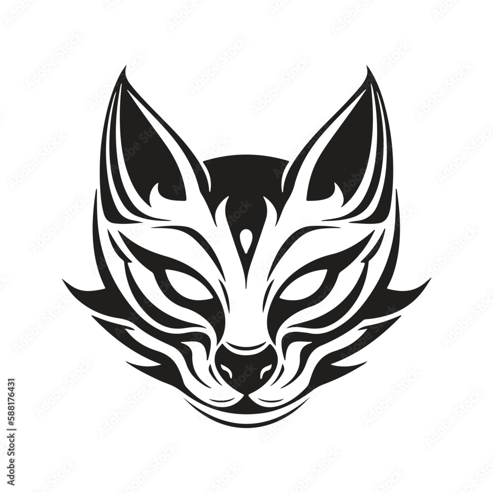 japanese kitsune mask, logo concept black and white color, hand drawn ...