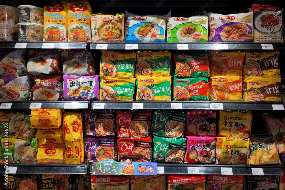 PENANG, MALAYSIA - 2 APR 2023: Various choice of local and import ...