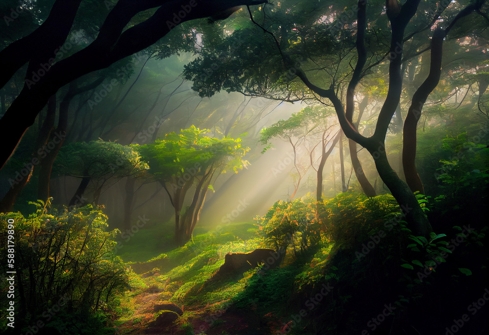 misty morning forest, where sunlight filters through the trees and ...