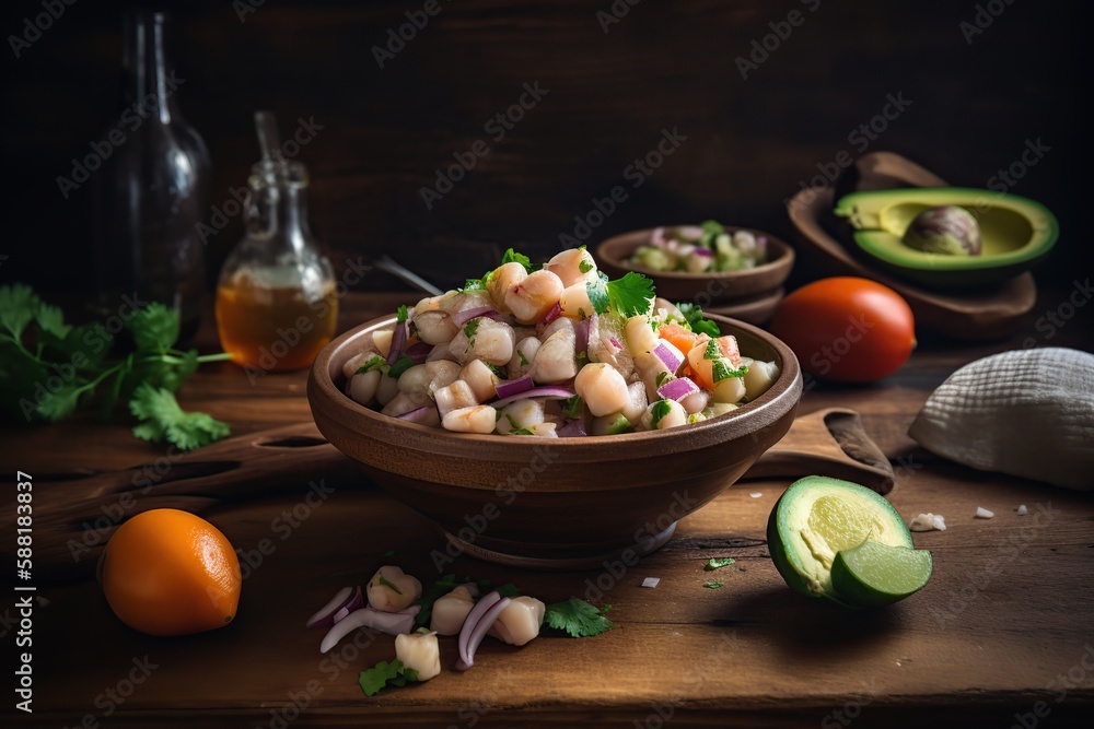 Close up Delicious CEVICHE SEBICHE. Peruvian seafood and fish in a bowl ...