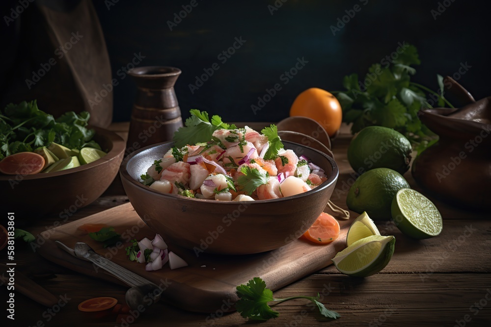 Close up Delicious CEVICHE SEBICHE. Peruvian seafood and fish in a bowl ...