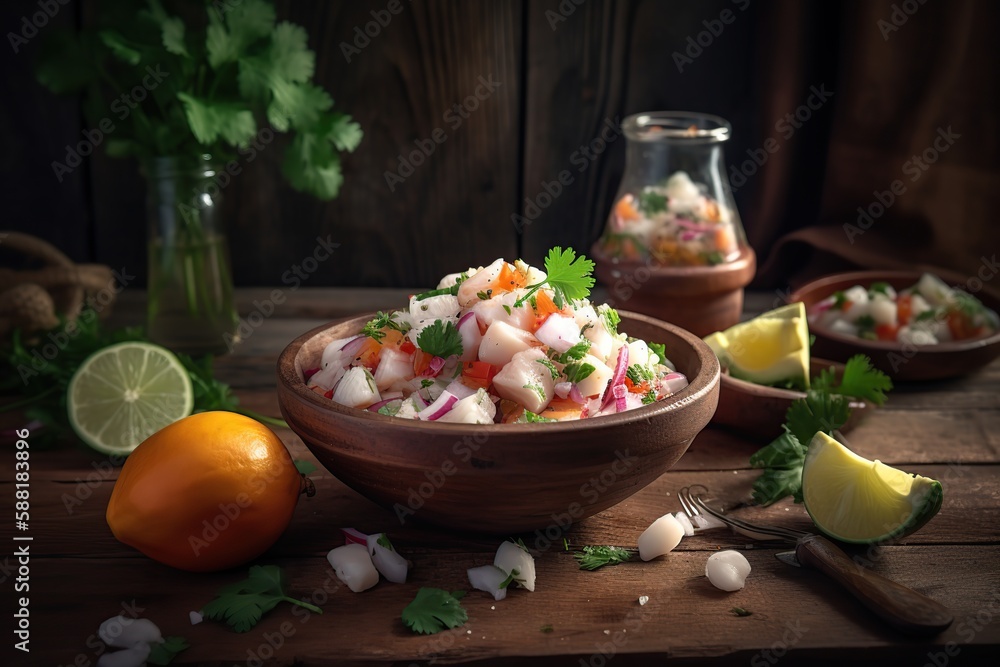 Close up Delicious CEVICHE SEBICHE. Peruvian seafood and fish in a bowl ...