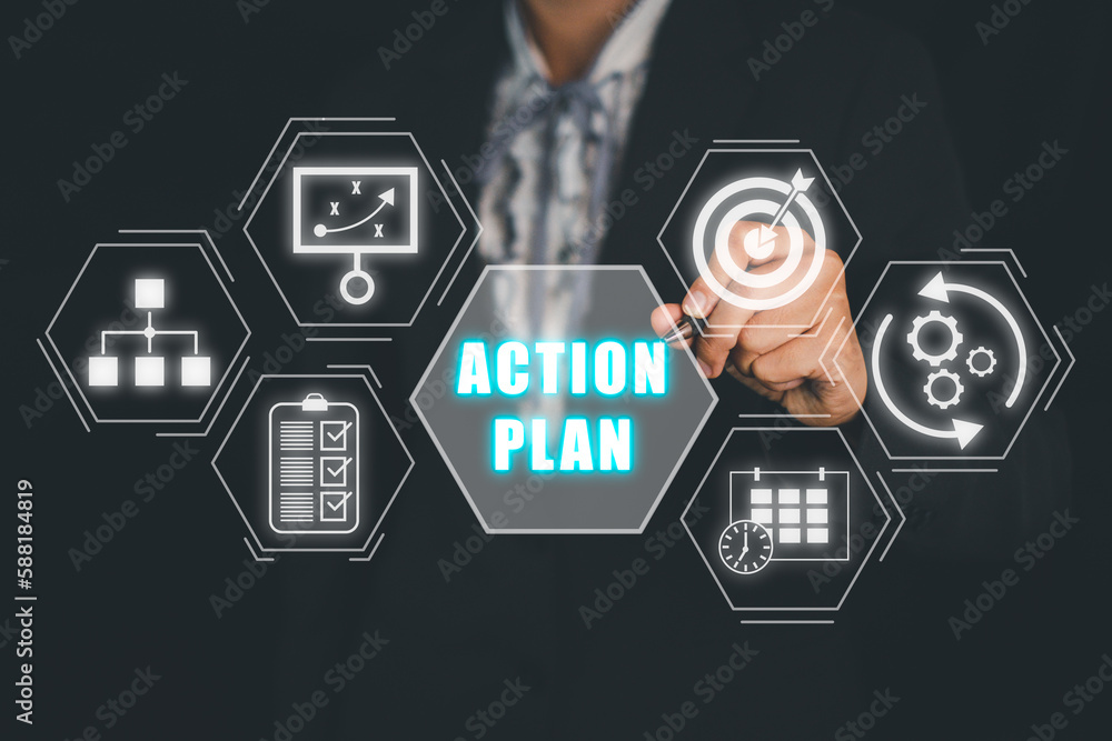 Action plan strategy vision planning direction concept, Business person ...