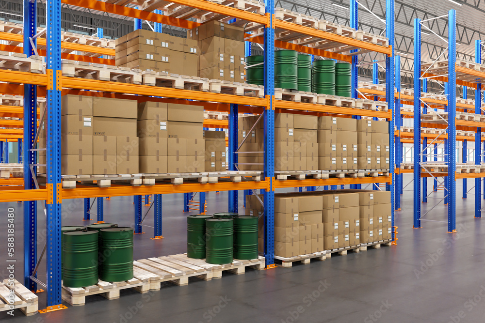 Industrial factory warehouse. Shelves with barrels and boxes. Place to ...