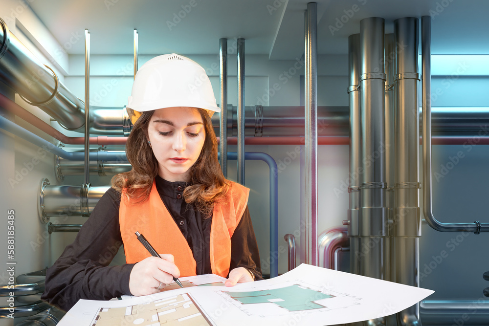 Woman builder. Girl draws architectural drawings. Builder in room with ...