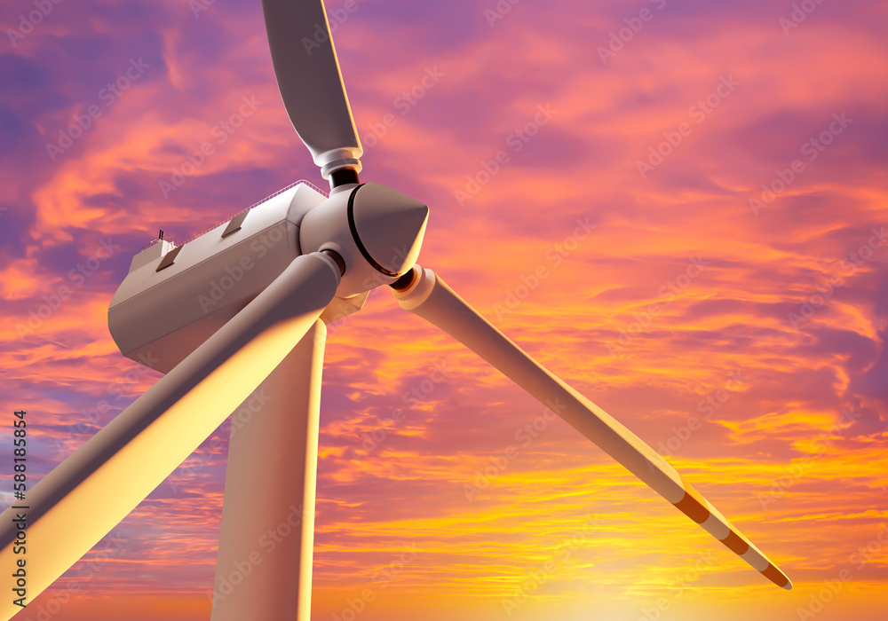 Windmill at sunset. Fragment wind turbine. Eco power plant. White ...