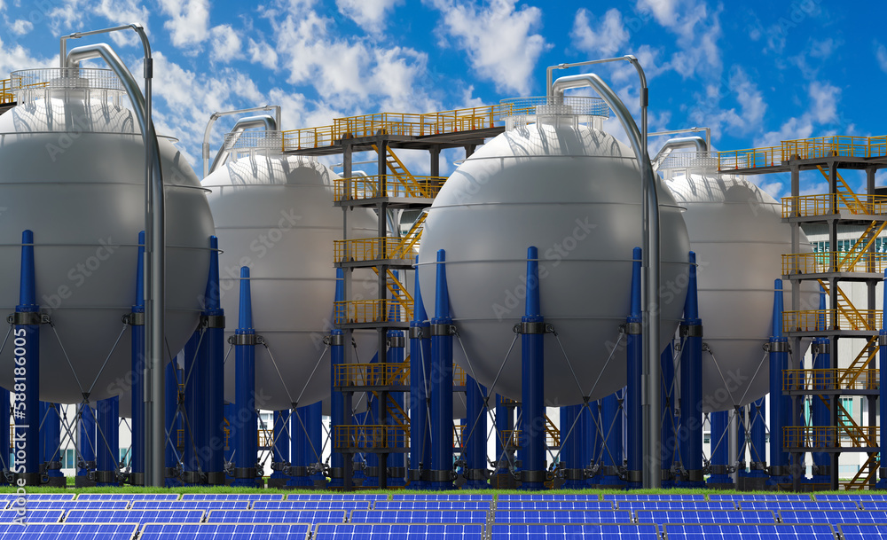 Foto Stock Storage of oil and gas. Spherical tanks for chemical ...