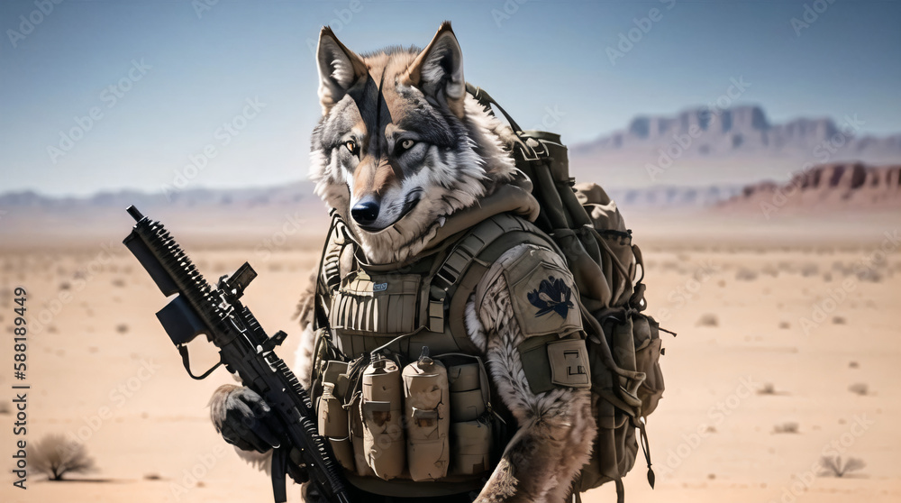 A special forces wolf standing on the Gobi Desert with a gun created ...