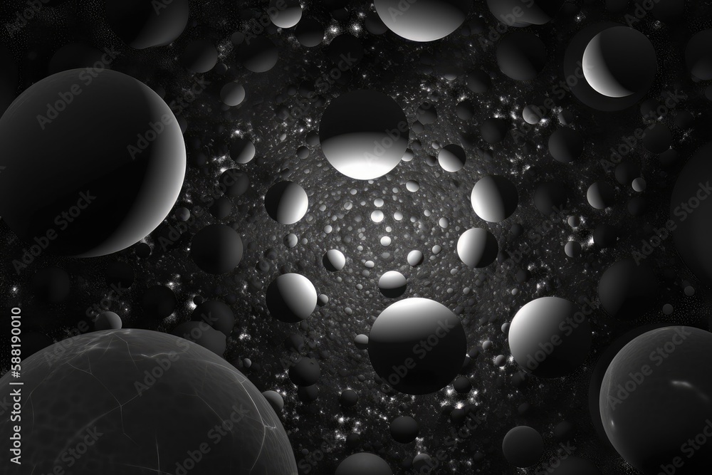 Black and white abstract celestial orbs in a backdrop of stars ...