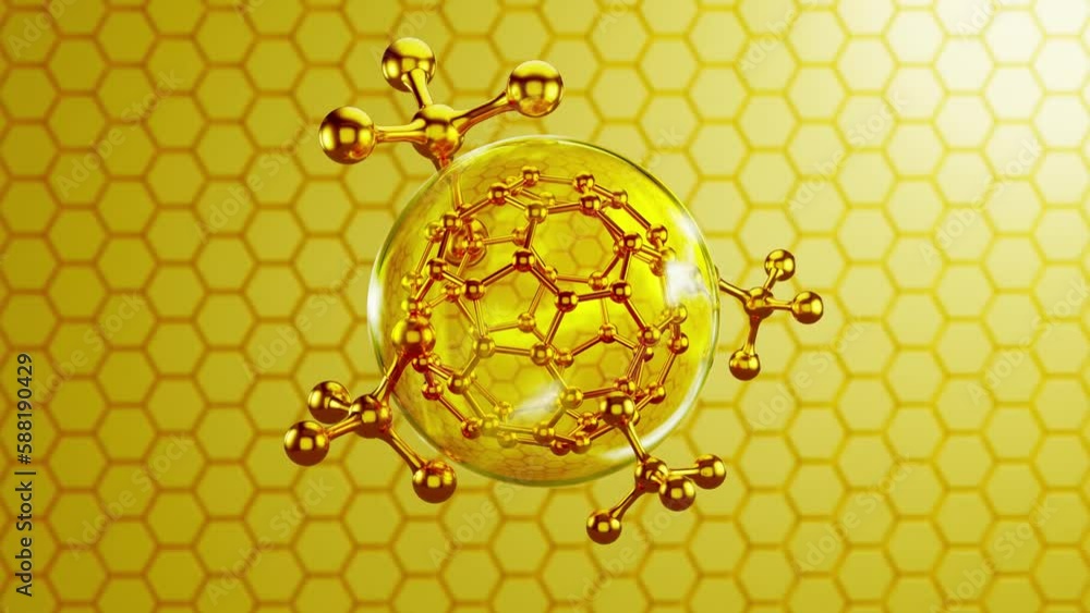 A bubble containing a spherical structure linked by molecules, hovering ...