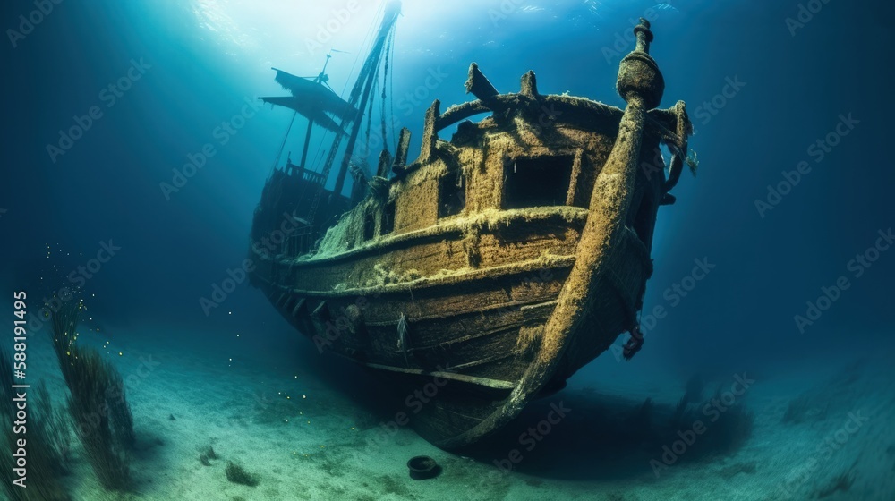 Sunken ship at the bottom of the sea, generative ai Stock Illustration ...