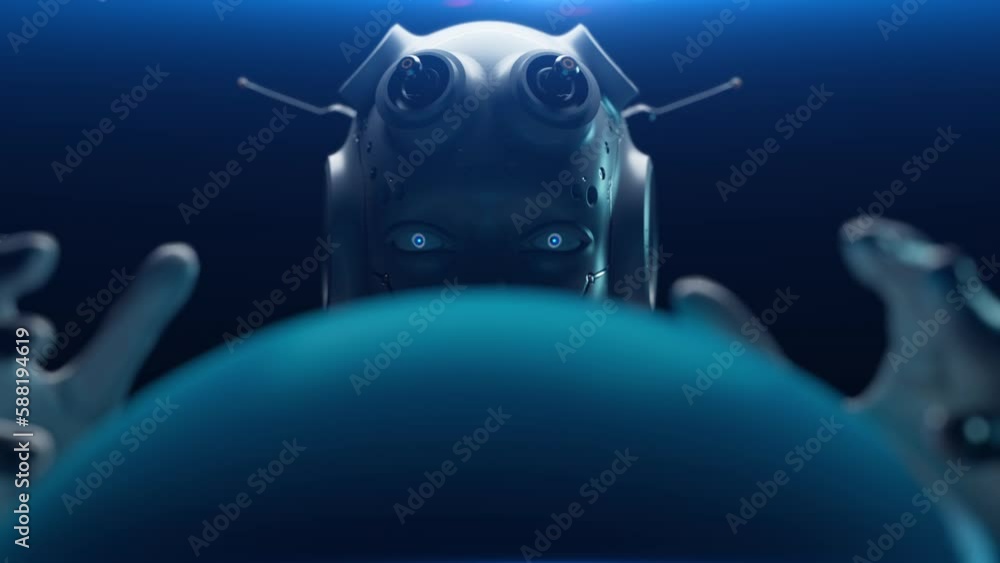 The robot looks at the stylized model of Planet Earth, looking at the ...