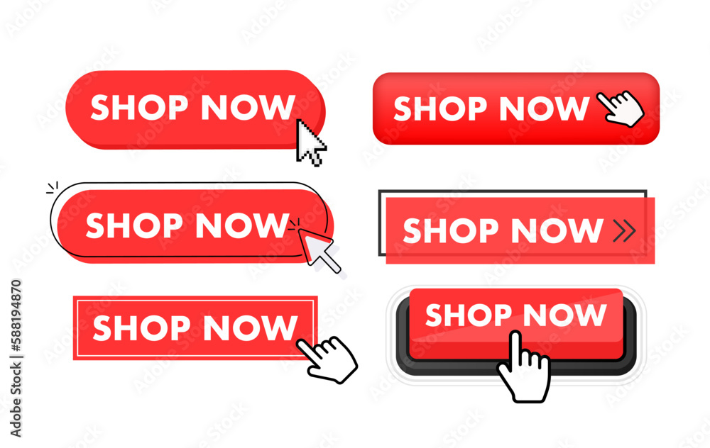 Set of shop now button. Hand pointer clicking. Shop now web buttons ...