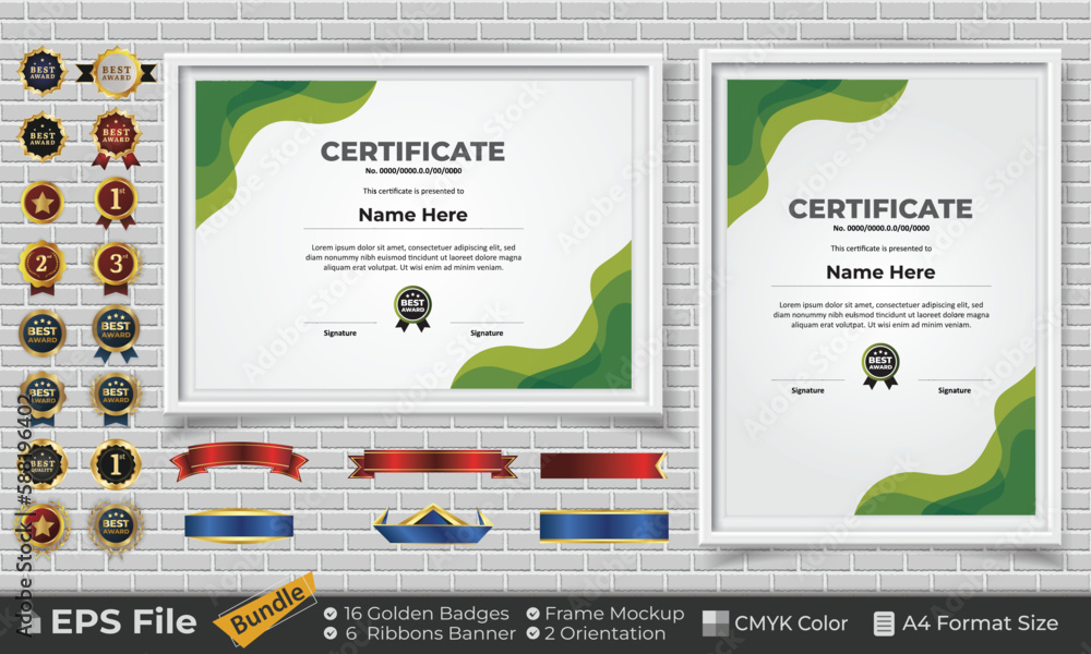 Template Certificate Design Bundle with Ribbons, Golden Badges, and ...