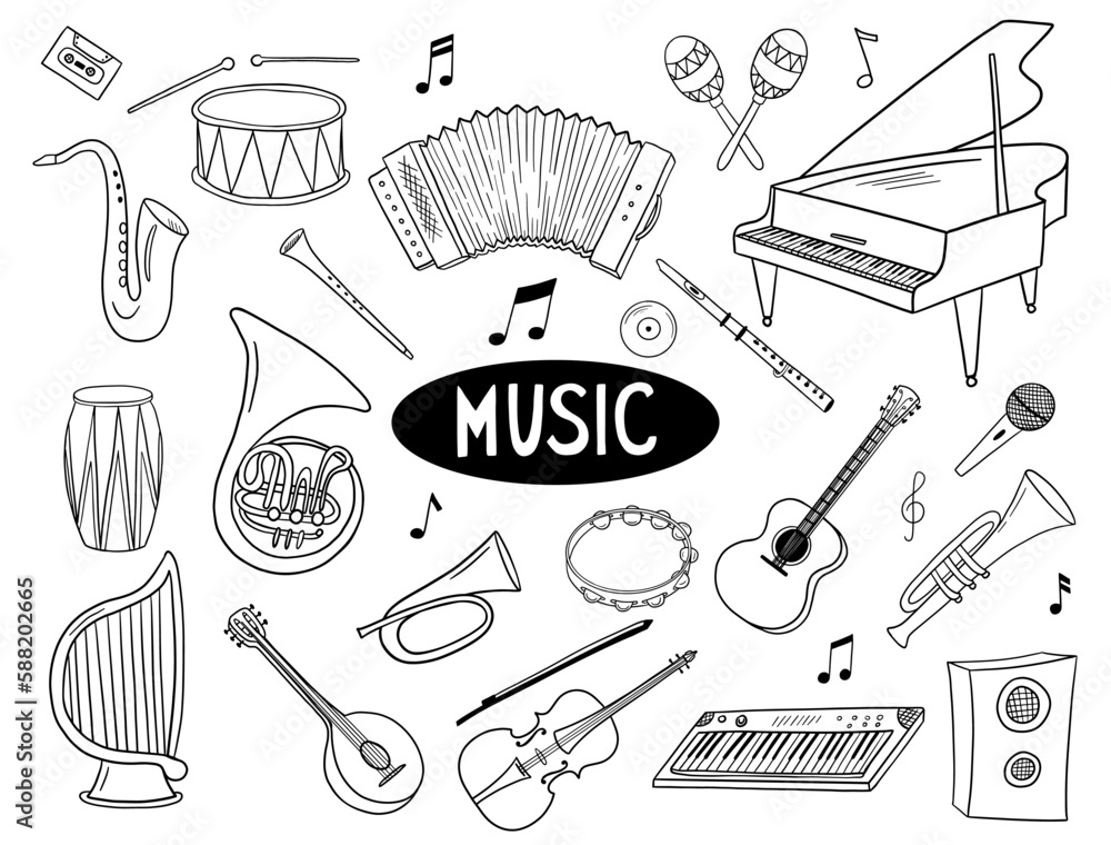 Music notes and musical instruments set. Vector outline monochrome ...