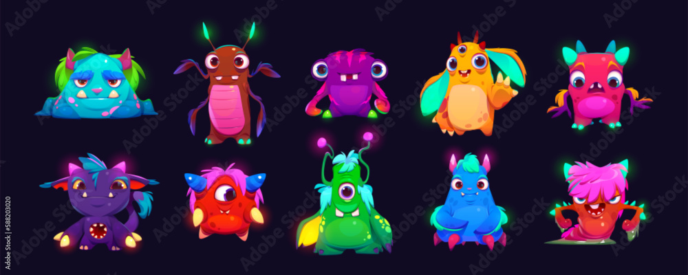 Set of cartoon neon color monsters isolated on black background. Vector ...