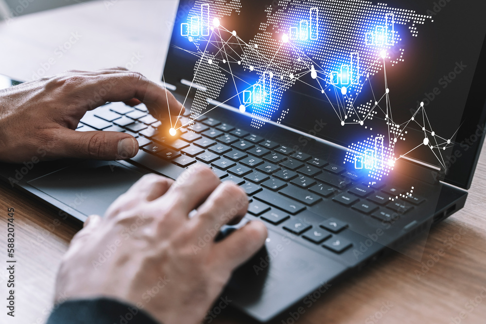 Big data technology background. Using a laptop against the background ...