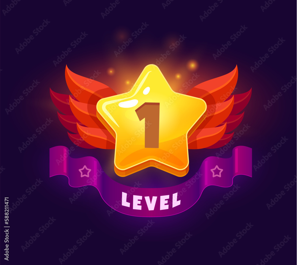 Game level up badge and win icon. Vector golden star, red wings, and ...