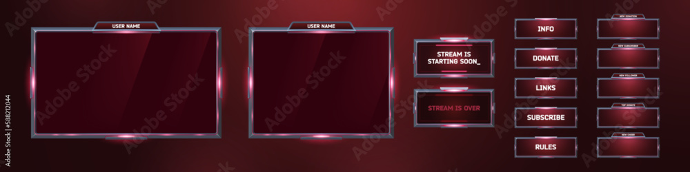 Vetor de Futuristic twitch stream overlay and button ui template. Gamer neon cyber video screen ...