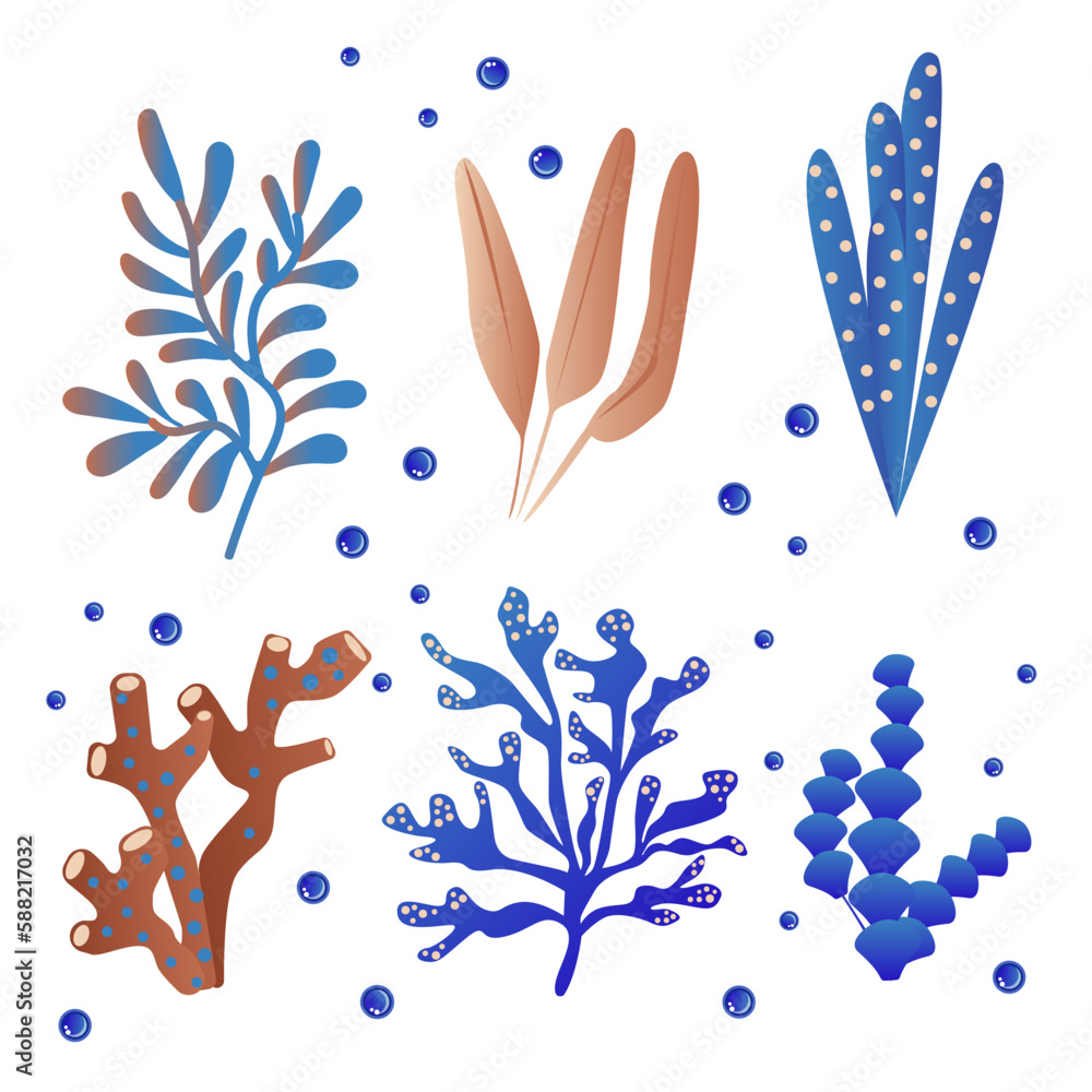 Cartoon ocean plants. Anemones, corals and seaweed, marine kelp ...