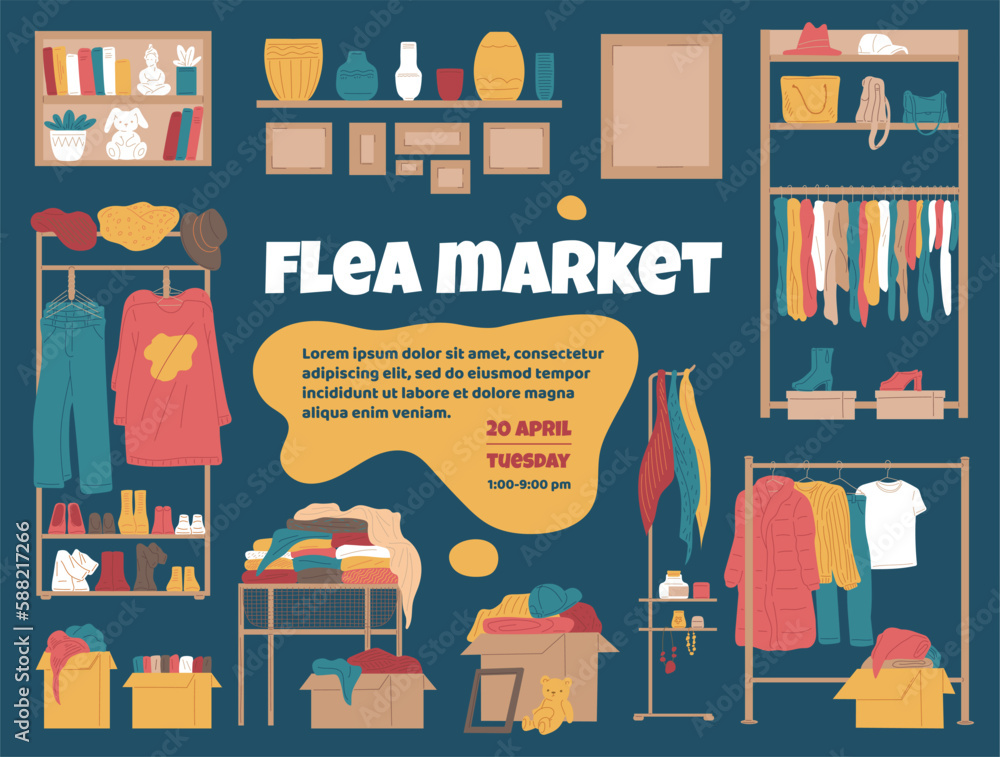 Flea market banner or poster with used things flat vector illustration ...