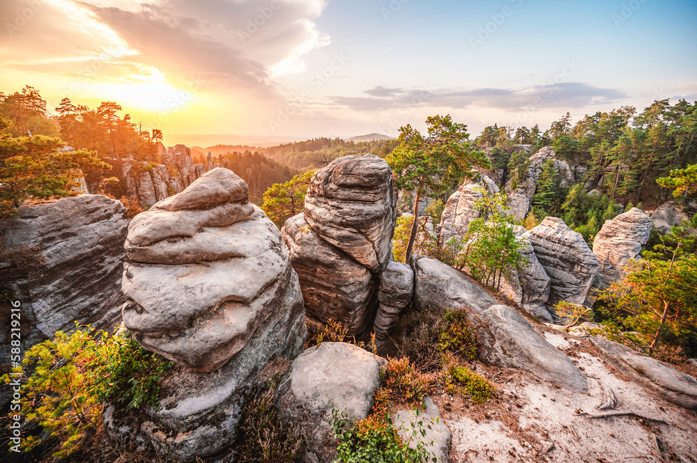 Cesky raj sandstone cliffs - Prachovske skaly in summer sunset, Czech ...