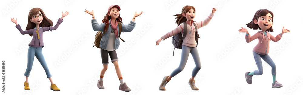 Group of 3D cartoon character cute young woman happy dancing, isolated ...