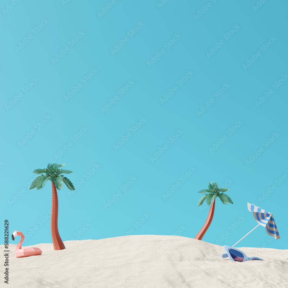 Summer beach scene mockup with blue background. 3d rendering Stock ...
