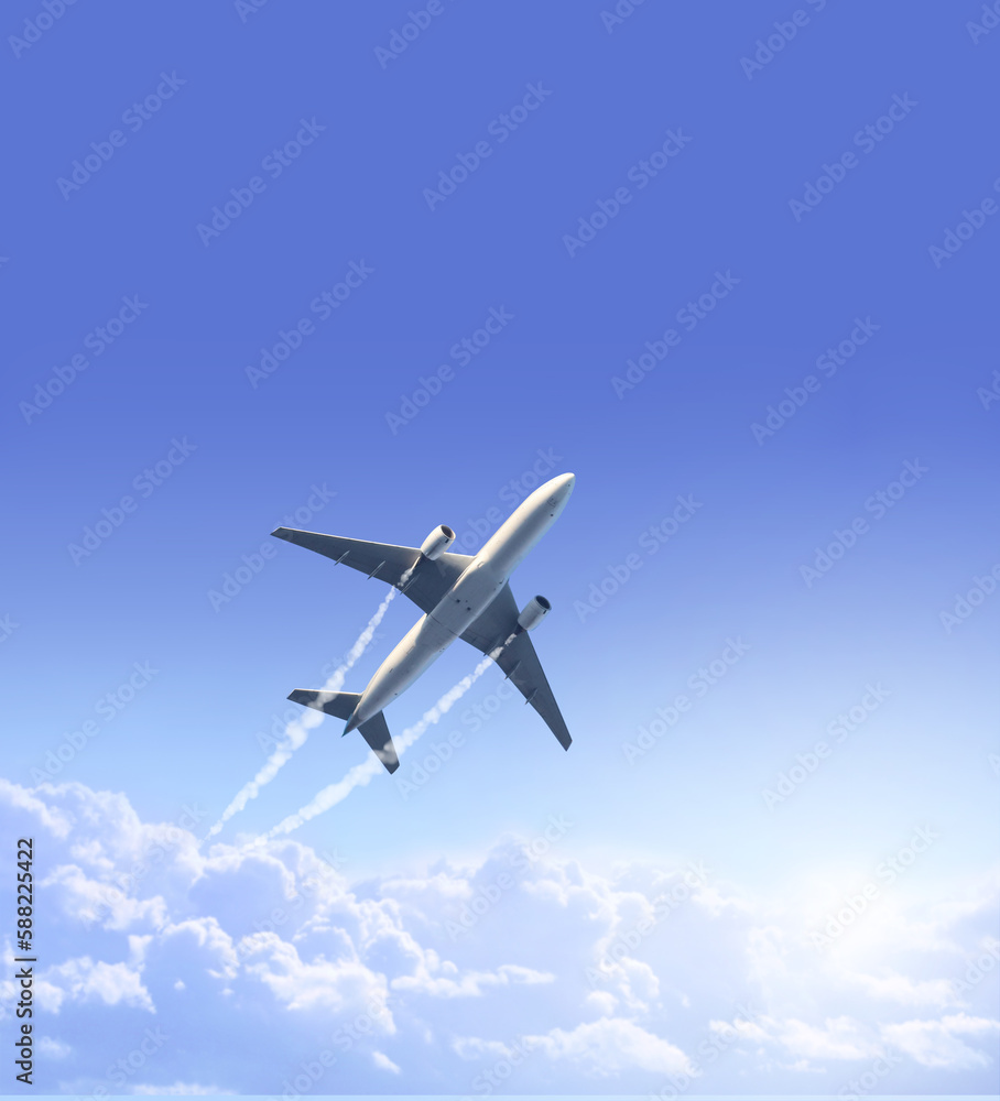 Vertical nature background with aircraft and Jet trailing smoke in the ...