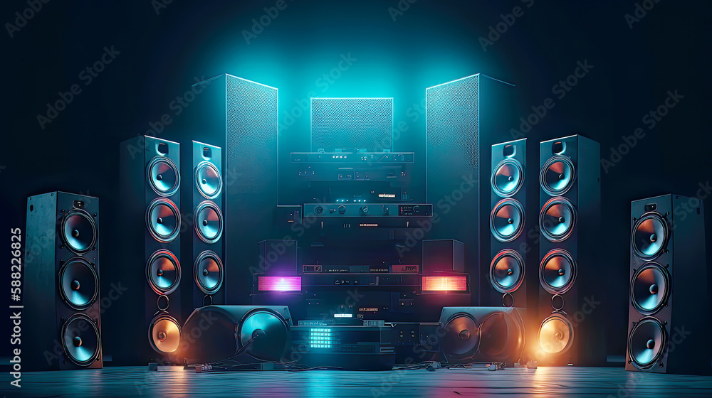 Sound system with loud speakers in interior studio scene. Postproducted ...